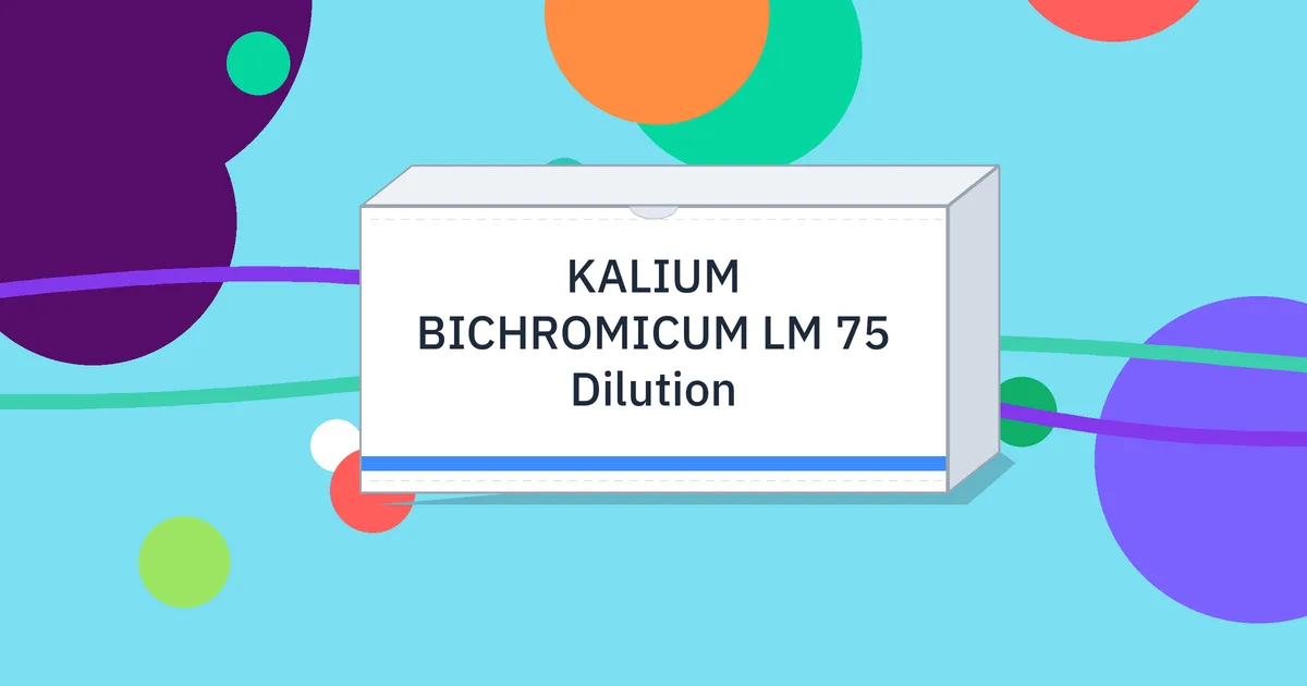 Symbolbild: Packung mit der Aufschrift KALIUM BICHROMICUM LM 75 Dilution (PZN 12917695) – Verfügbarkeit und Bezug in Apotheken in Frankfurt am Main