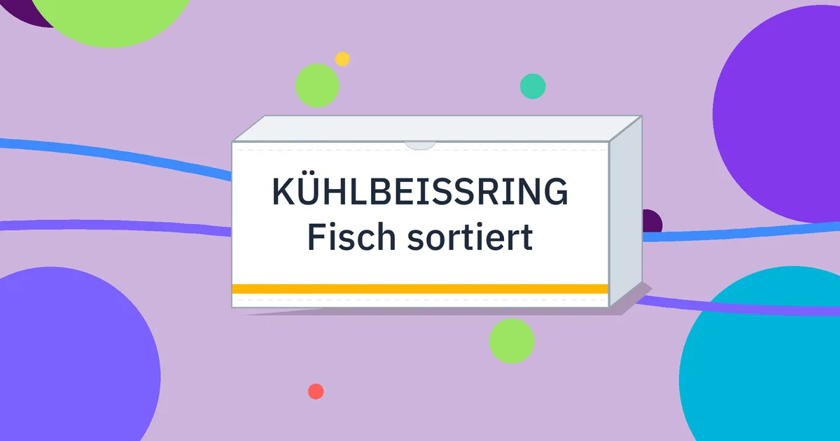 Symbolbild: Packung mit der Aufschrift KÜHLBEISSRING Fisch sortiert (PZN 11529324) – Verfügbarkeit und Bezug in Apotheken in Frankfurt am Main