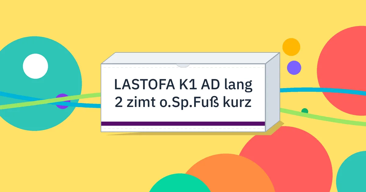 Symbolbild: Packung mit der Aufschrift LASTOFA K1 AD lang 2 zimt o.Sp.Fuß kurz (PZN 13786611) – Verfügbarkeit und Bezug in Apotheken in Frankfurt am Main