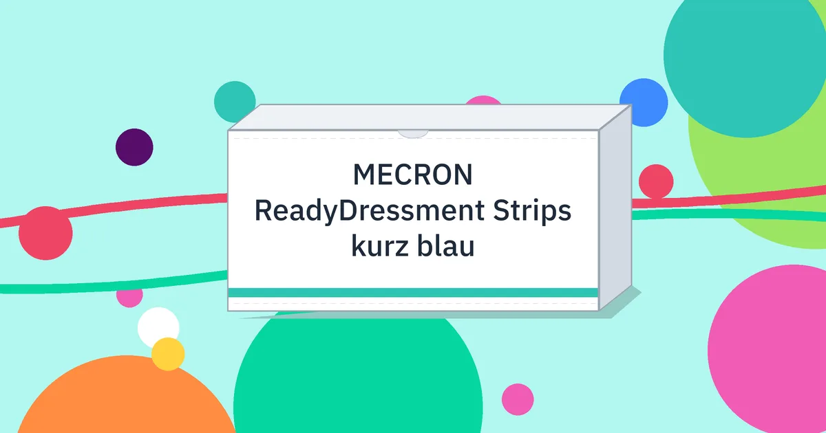 Symbolbild: Packung mit der Aufschrift MECRON ReadyDressment Strips kurz blau (PZN 13164565) – Verfügbarkeit und Bezug in Apotheken in Frankfurt am Main