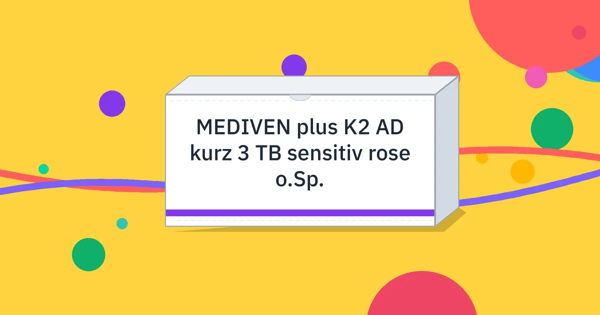 Symbolbild: Packung mit der Aufschrift MEDIVEN plus K2 AD kurz 3 TB sensitiv rose o.Sp. (PZN 15106276) – Verfügbarkeit und Bezug in Apotheken in Frankfurt am Main