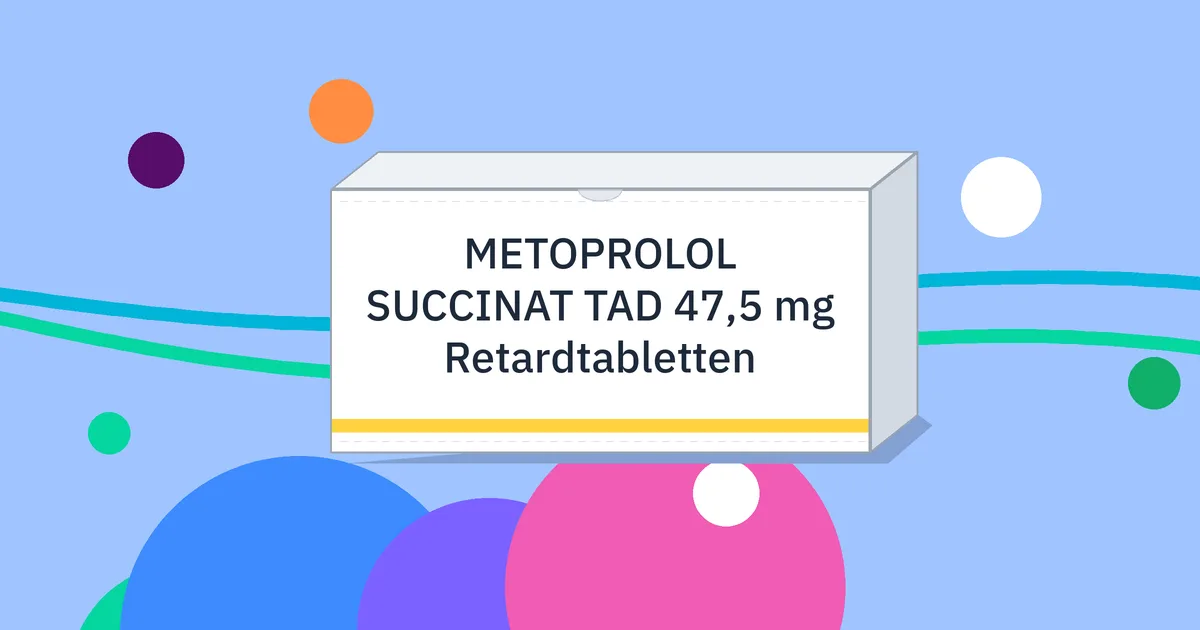 Symbolbild: Packung mit der Aufschrift METOPROLOL SUCCINAT TAD 47,5 mg Retardtabletten (PZN 11562416) – Verfügbarkeit und Bezug in Apotheken in Frankfurt am Main