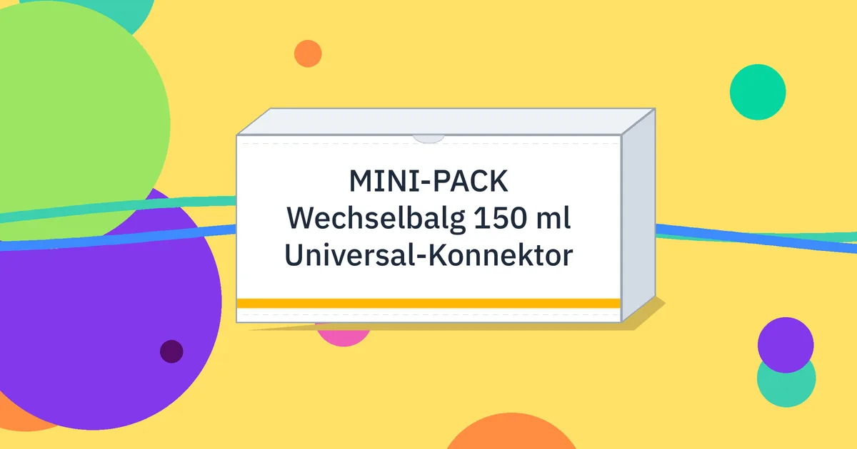 Symbolbild: Packung mit der Aufschrift MINI-PACK Wechselbalg 150 ml Universal-Konnektor (PZN 17486142) – Verfügbarkeit und Bezug in Apotheken in Frankfurt am Main