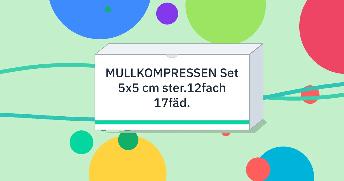 Symbolbild: Packung mit der Aufschrift MULLKOMPRESSEN Set 5x5 cm ster.12fach 17fäd. (PZN 06929961) – Verfügbarkeit und Bezug in Apotheken in Frankfurt am Main