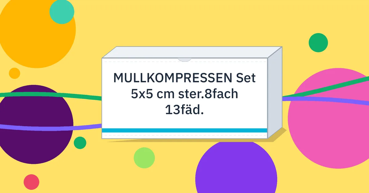 Symbolbild: Packung mit der Aufschrift MULLKOMPRESSEN Set 5x5 cm ster.8fach 13fäd. (PZN 06928772) – Verfügbarkeit und Bezug in Apotheken in Frankfurt am Main
