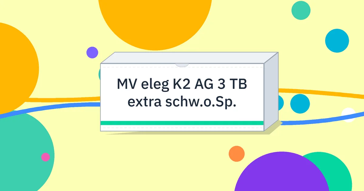 Symbolbild: Packung mit der Aufschrift MV eleg K2 AG 3 TB extra schw.o.Sp. (PZN 09877064) – Verfügbarkeit und Bezug in Apotheken in Frankfurt am Main