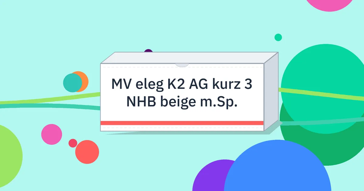 Symbolbild: Packung mit der Aufschrift MV eleg K2 AG kurz 3 NHB beige m.Sp. (PZN 15716773) – Verfügbarkeit und Bezug in Apotheken in Frankfurt am Main