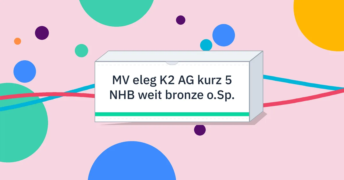 Symbolbild: Packung mit der Aufschrift MV eleg K2 AG kurz 5 NHB weit bronze o.Sp. (PZN 15714774) – Verfügbarkeit und Bezug in Apotheken in Frankfurt am Main