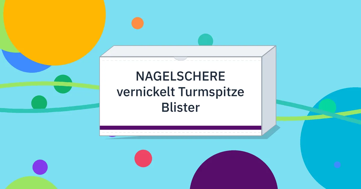 Symbolbild: Packung mit der Aufschrift NAGELSCHERE vernickelt Turmspitze Blister (PZN 10349146) – Verfügbarkeit und Bezug in Apotheken in Frankfurt am Main