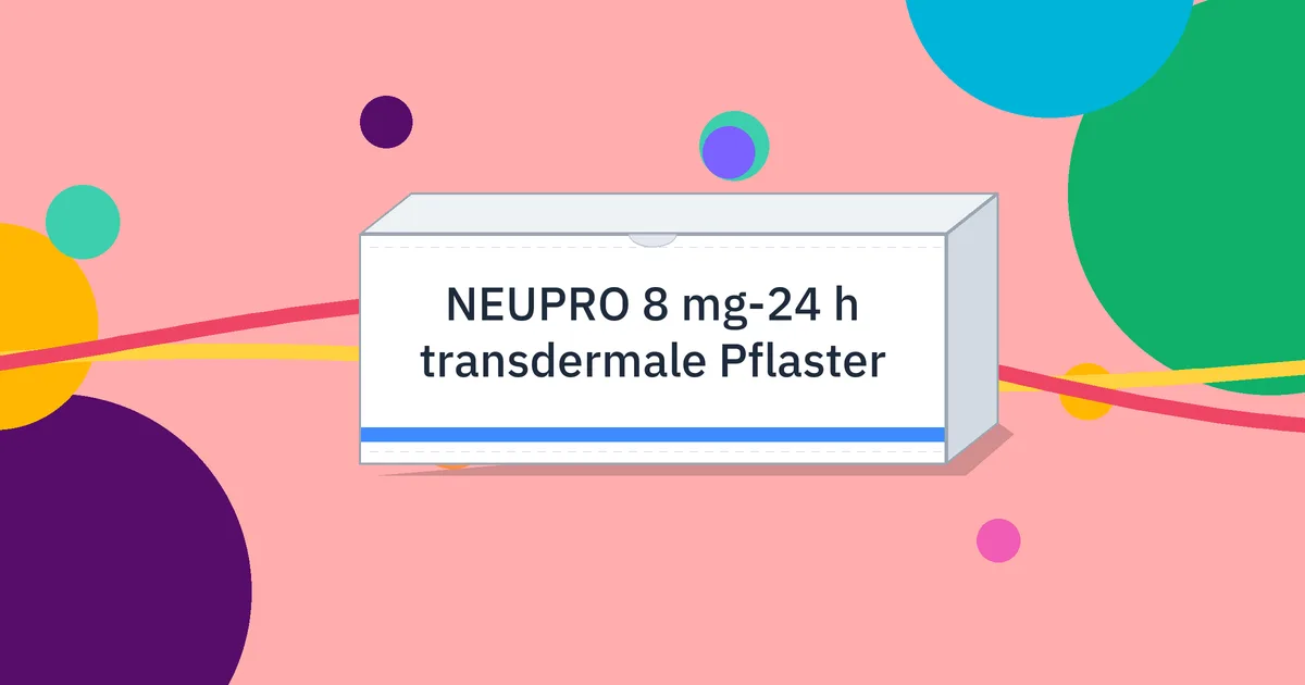 Symbolbild: Packung mit der Aufschrift NEUPRO 8 mg-24 h transdermale Pflaster (PZN 09743961) – Verfügbarkeit und Bezug in Apotheken in Frankfurt am Main