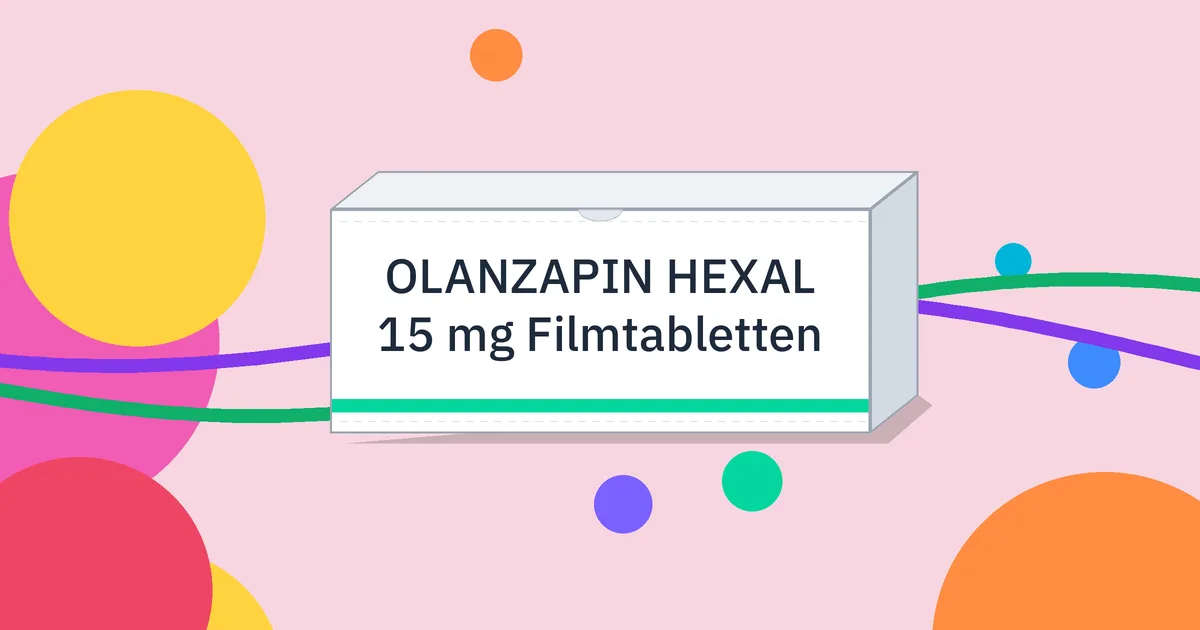 Symbolbild: Packung mit der Aufschrift OLANZAPIN HEXAL 15 mg Filmtabletten (PZN 08877470) – Verfügbarkeit und Bezug in Apotheken in Frankfurt am Main