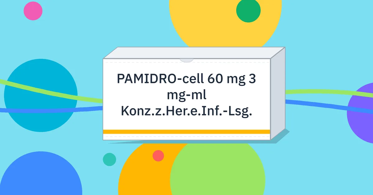 Symbolbild: Packung mit der Aufschrift PAMIDRO-cell 60 mg 3 mg-ml Konz.z.Her.e.Inf.-Lsg. (PZN 03145779) – Verfügbarkeit und Bezug in Apotheken in Frankfurt am Main