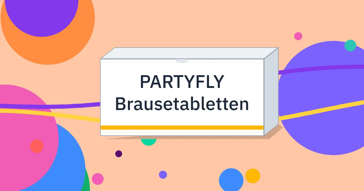 Symbolbild: Packung mit der Aufschrift PARTYFLY Brausetabletten (PZN 17538620) – Verfügbarkeit und Bezug in Apotheken in Frankfurt am Main