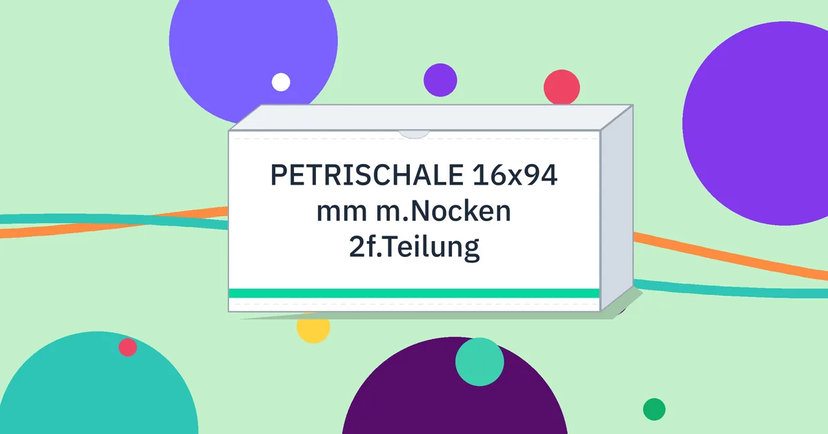 Symbolbild: Packung mit der Aufschrift PETRISCHALE 16x94 mm m.Nocken 2f.Teilung (PZN 12451601) – Verfügbarkeit und Bezug in Apotheken in Frankfurt am Main