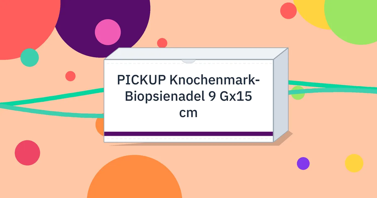 Symbolbild: Packung mit der Aufschrift PICKUP Knochenmark-Biopsienadel 9 Gx15 cm (PZN 19276259) – Verfügbarkeit und Bezug in Apotheken in Frankfurt am Main