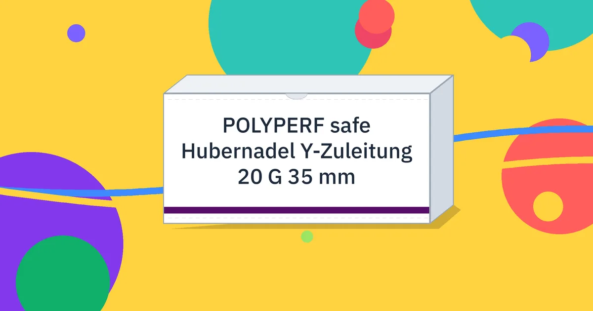 Symbolbild: Packung mit der Aufschrift POLYPERF safe Hubernadel Y-Zuleitung 20 G 35 mm (PZN 18114193) – Verfügbarkeit und Bezug in Apotheken in Frankfurt am Main