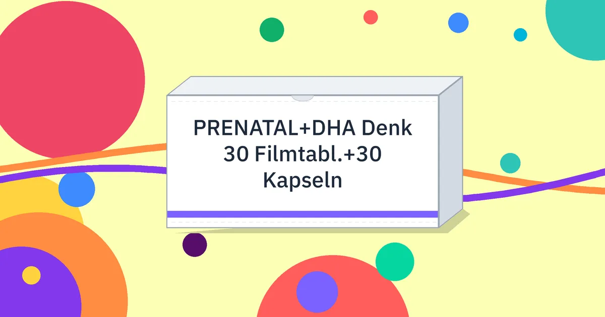 Symbolbild: Packung mit der Aufschrift PRENATAL+DHA Denk 30 Filmtabl.+30 Kapseln (PZN 11314322) – Verfügbarkeit und Bezug in Apotheken in Frankfurt am Main