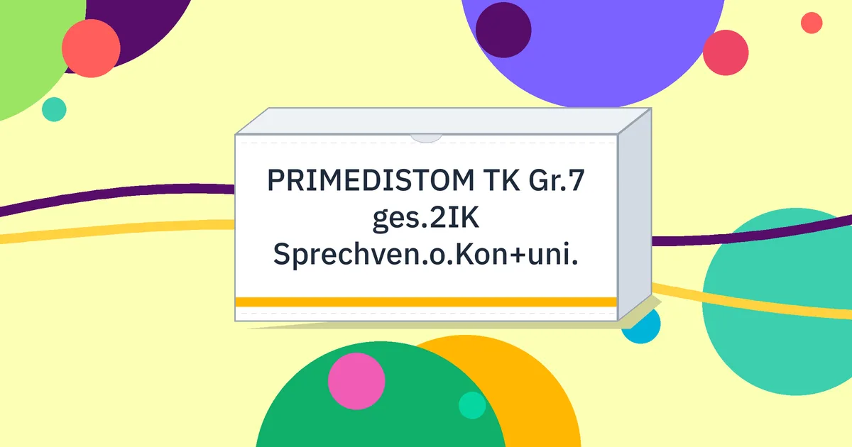 Symbolbild: Packung mit der Aufschrift PRIMEDISTOM TK Gr.7 ges.2IK Sprechven.o.Kon+uni. (PZN 10209184) – Verfügbarkeit und Bezug in Apotheken in Frankfurt am Main