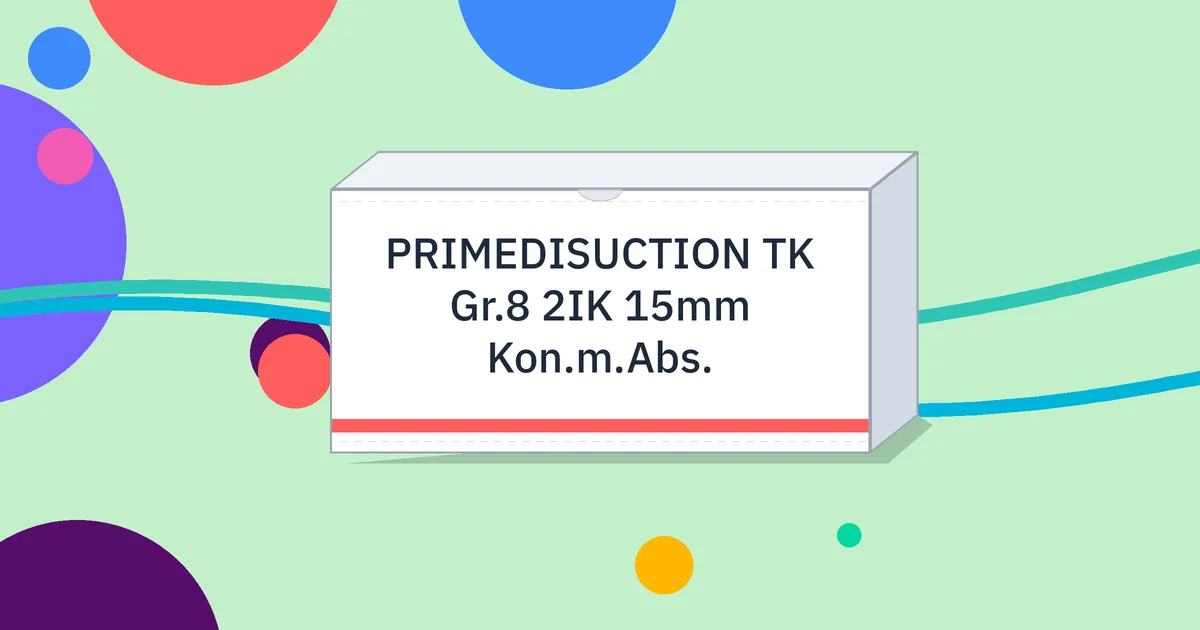 Symbolbild: Packung mit der Aufschrift PRIMEDISUCTION TK Gr.8 2IK 15mm Kon.m.Abs. (PZN 10282548) – Verfügbarkeit und Bezug in Apotheken in Frankfurt am Main