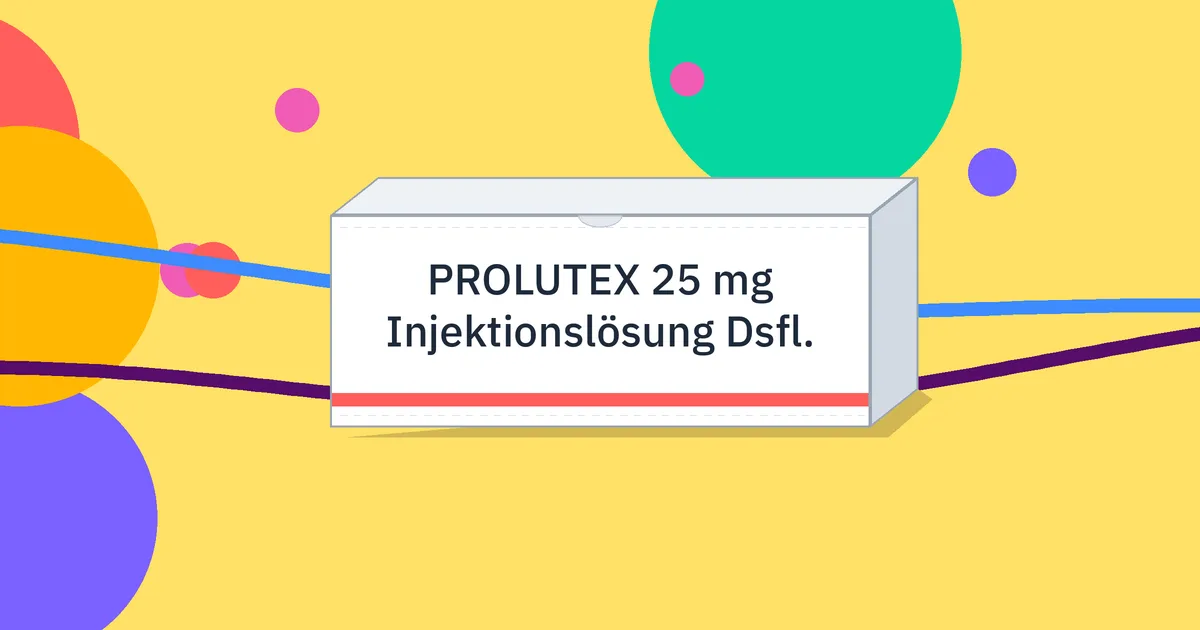 Symbolbild: Packung mit der Aufschrift PROLUTEX 25 mg Injektionslösung Dsfl. (PZN 19168156) – Verfügbarkeit und Bezug in Apotheken in Frankfurt am Main