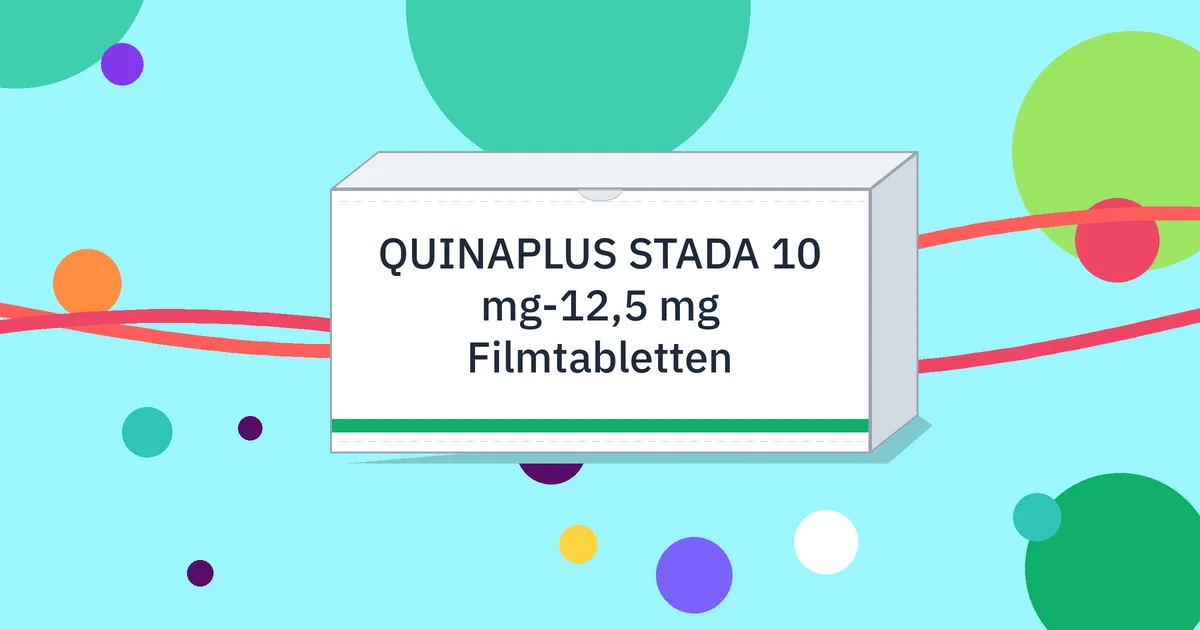 Symbolbild: Packung mit der Aufschrift QUINAPLUS STADA 10 mg-12,5 mg Filmtabletten (PZN 00840496) – Verfügbarkeit und Bezug in Apotheken in Frankfurt am Main