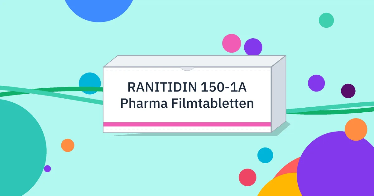 Symbolbild: Packung mit der Aufschrift RANITIDIN 150-1A Pharma Filmtabletten (PZN 08533977) – Verfügbarkeit und Bezug in Apotheken in Frankfurt am Main