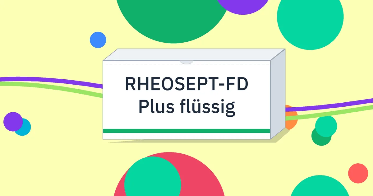 Symbolbild: Packung mit der Aufschrift RHEOSEPT-FD Plus flüssig (PZN 04798443) – Verfügbarkeit und Bezug in Apotheken in Frankfurt am Main
