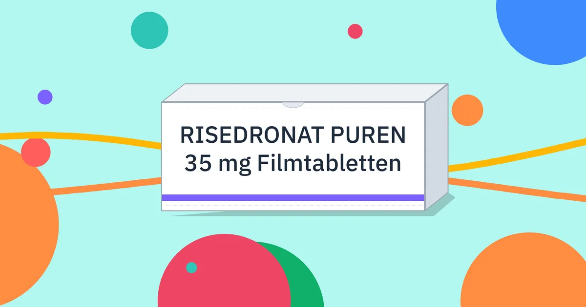 Symbolbild: Packung mit der Aufschrift RISEDRONAT PUREN 35 mg Filmtabletten (PZN 13878170) – Verfügbarkeit und Bezug in Apotheken in Frankfurt am Main