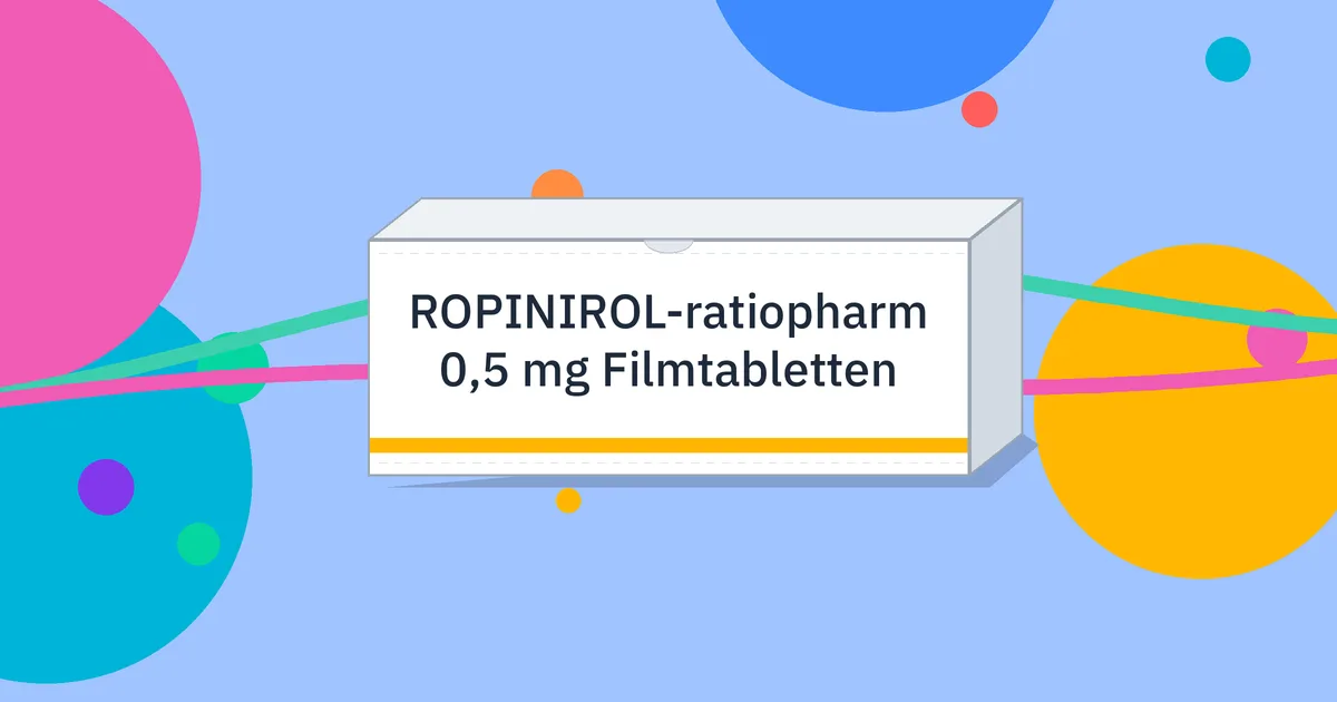 Symbolbild: Packung mit der Aufschrift ROPINIROL-ratiopharm 0,5 mg Filmtabletten (PZN 03391685) – Verfügbarkeit und Bezug in Apotheken in Frankfurt am Main