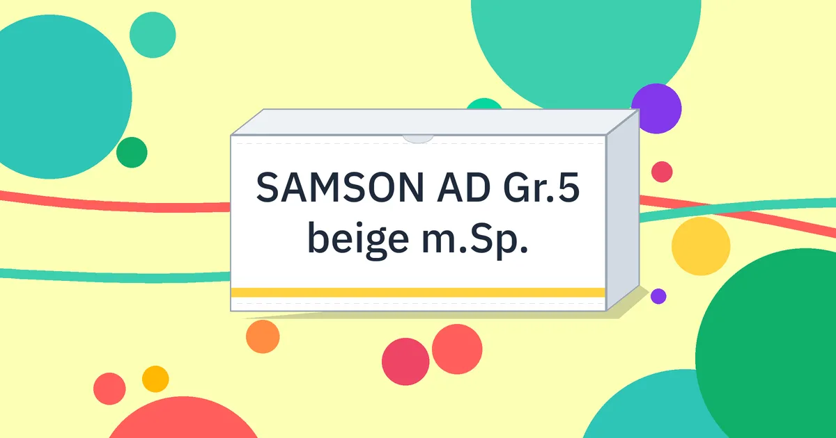 Symbolbild: Packung mit der Aufschrift SAMSON AD Gr.5 beige m.Sp. (PZN 14248867) – Verfügbarkeit und Bezug in Apotheken in Frankfurt am Main