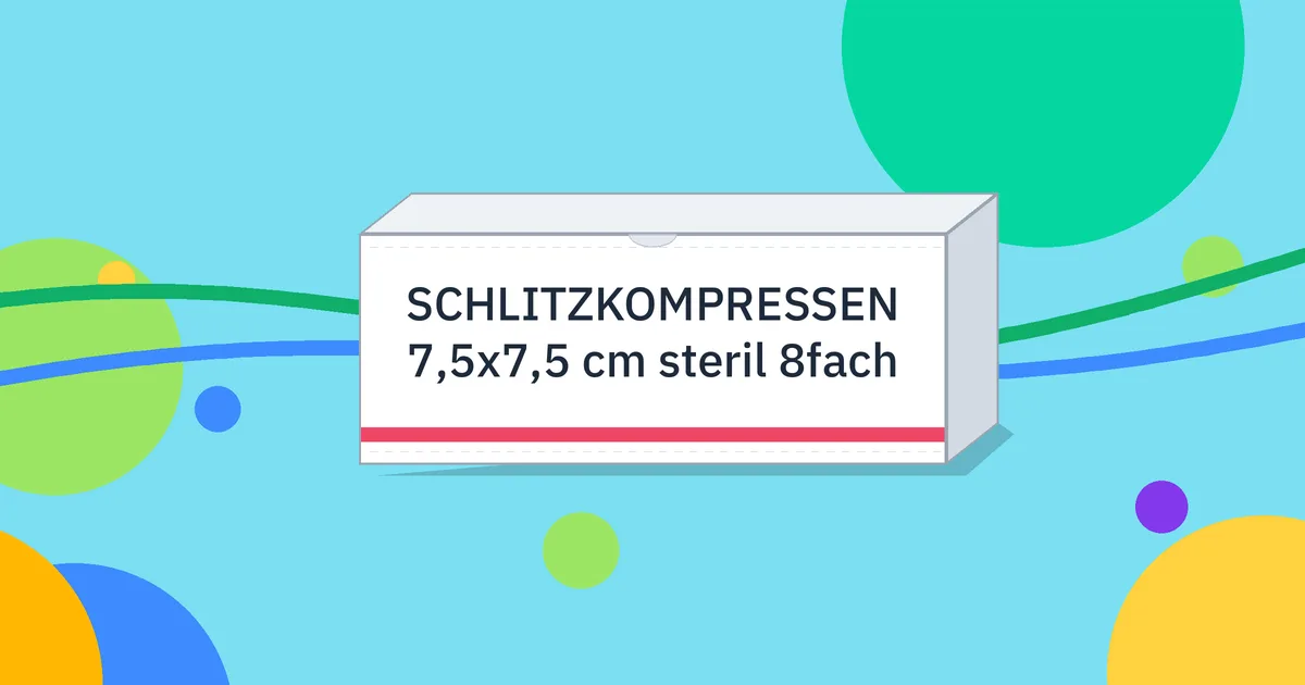 Symbolbild: Packung mit der Aufschrift SCHLITZKOMPRESSEN 7,5x7,5 cm steril 8fach (PZN 01023339) – Verfügbarkeit und Bezug in Apotheken in Frankfurt am Main