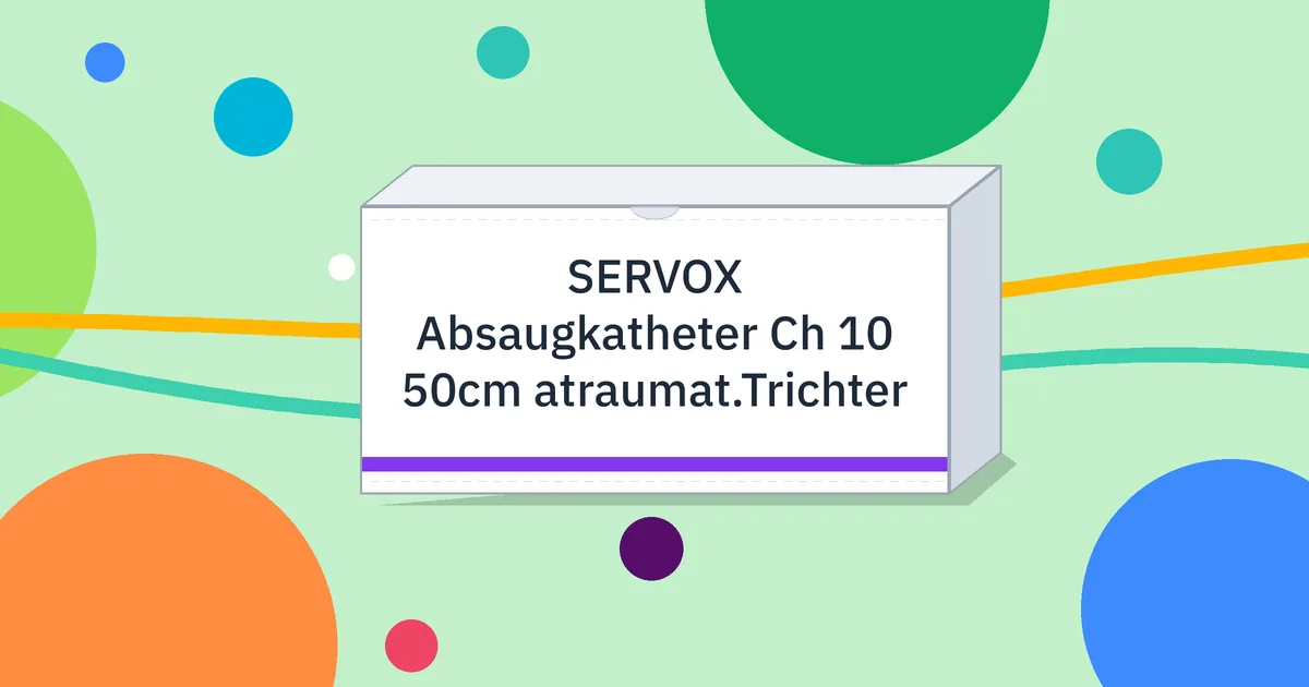Symbolbild: Packung mit der Aufschrift SERVOX Absaugkatheter Ch 10 50cm atraumat.Trichter (PZN 06939451) – Verfügbarkeit und Bezug in Apotheken in Frankfurt am Main