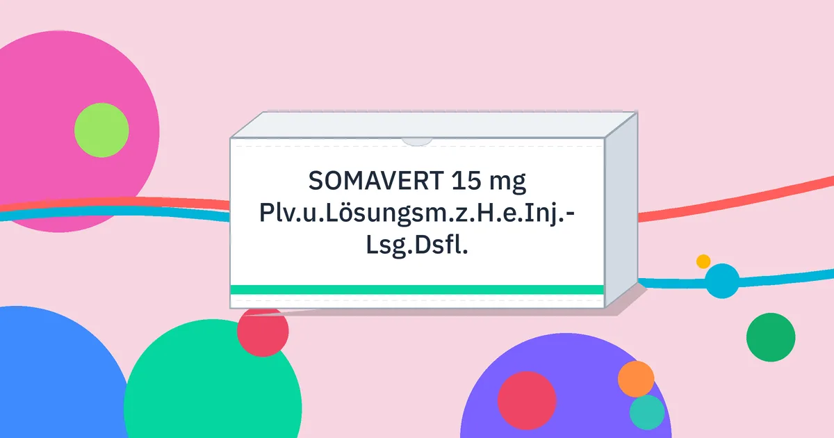 Symbolbild: Packung mit der Aufschrift SOMAVERT 15 mg Plv.u.Lösungsm.z.H.e.Inj.-Lsg.Dsfl. (PZN 15323967) – Verfügbarkeit und Bezug in Apotheken in Frankfurt am Main