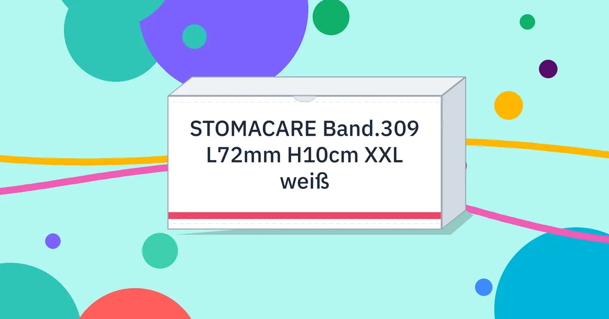 Symbolbild: Packung mit der Aufschrift STOMACARE Band.309 L72mm H10cm XXL weiß (PZN 03415919) – Verfügbarkeit und Bezug in Apotheken in Frankfurt am Main