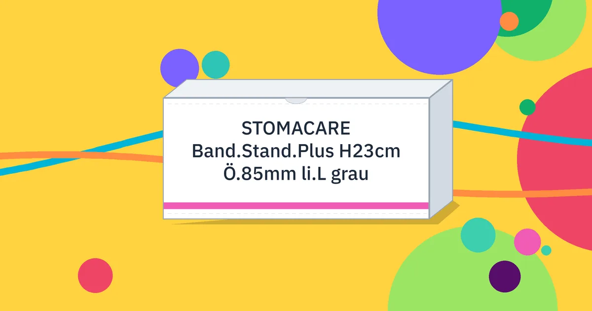 Symbolbild: Packung mit der Aufschrift STOMACARE Band.Stand.Plus H23cm Ö.85mm li.L grau (PZN 16751139) – Verfügbarkeit und Bezug in Apotheken in Frankfurt am Main