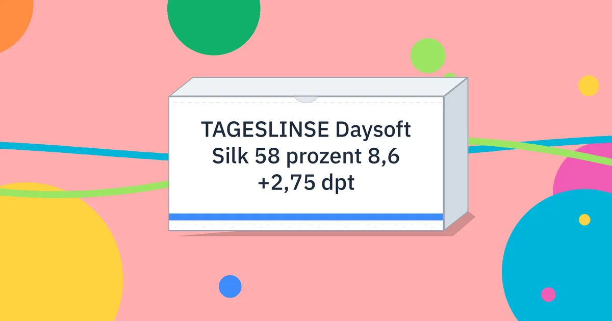 Symbolbild: Packung mit der Aufschrift TAGESLINSE Daysoft Silk 58 prozent 8,6 +2,75 dpt (PZN 00326865) – Verfügbarkeit und Bezug in Apotheken in Frankfurt am Main