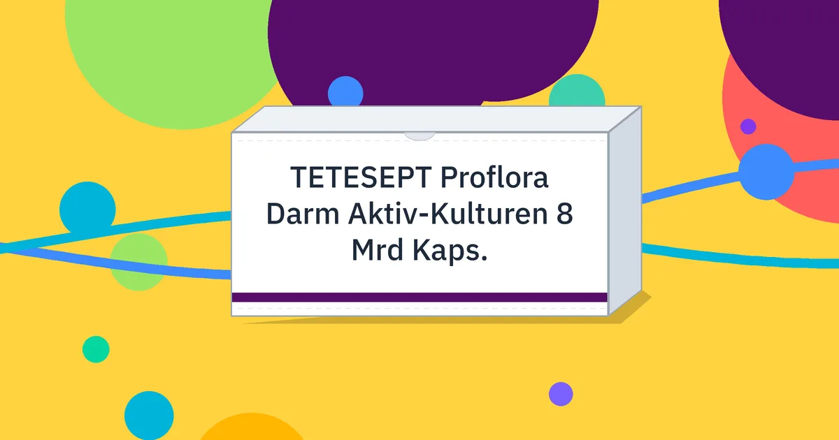 Symbolbild: Packung mit der Aufschrift TETESEPT Proflora Darm Aktiv-Kulturen 8 Mrd Kaps. (PZN 16785351) – Verfügbarkeit und Bezug in Apotheken in Frankfurt am Main