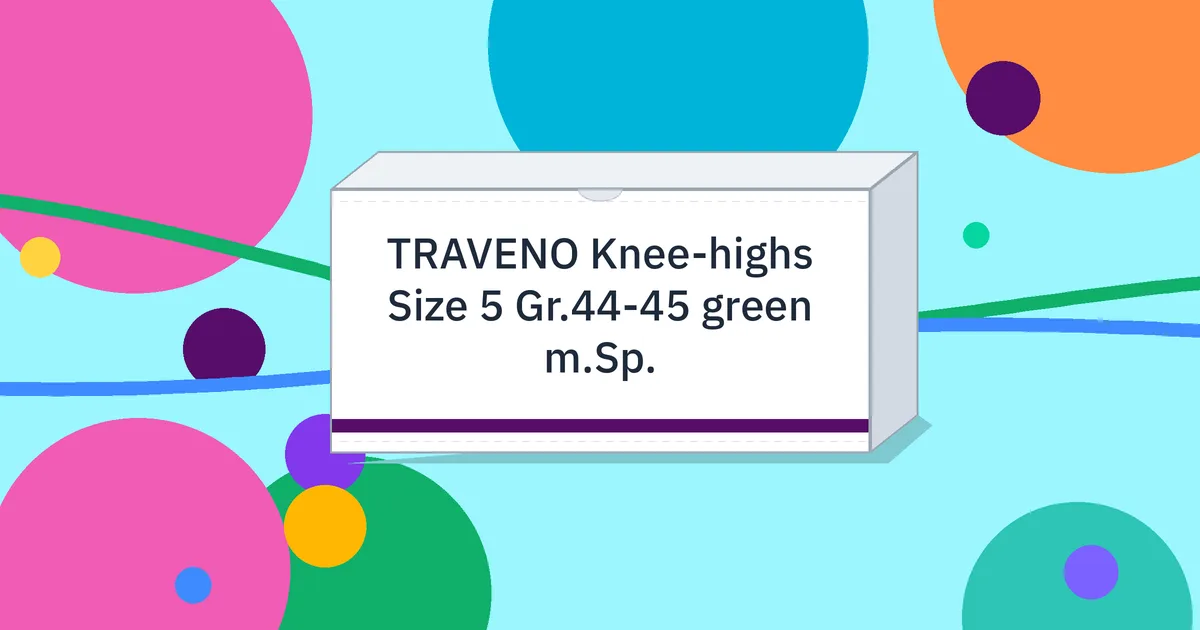 Symbolbild: Packung mit der Aufschrift TRAVENO Knee-highs Size 5 Gr.44-45 green m.Sp. (PZN 20651774) – Verfügbarkeit und Bezug in Apotheken in Frankfurt am Main