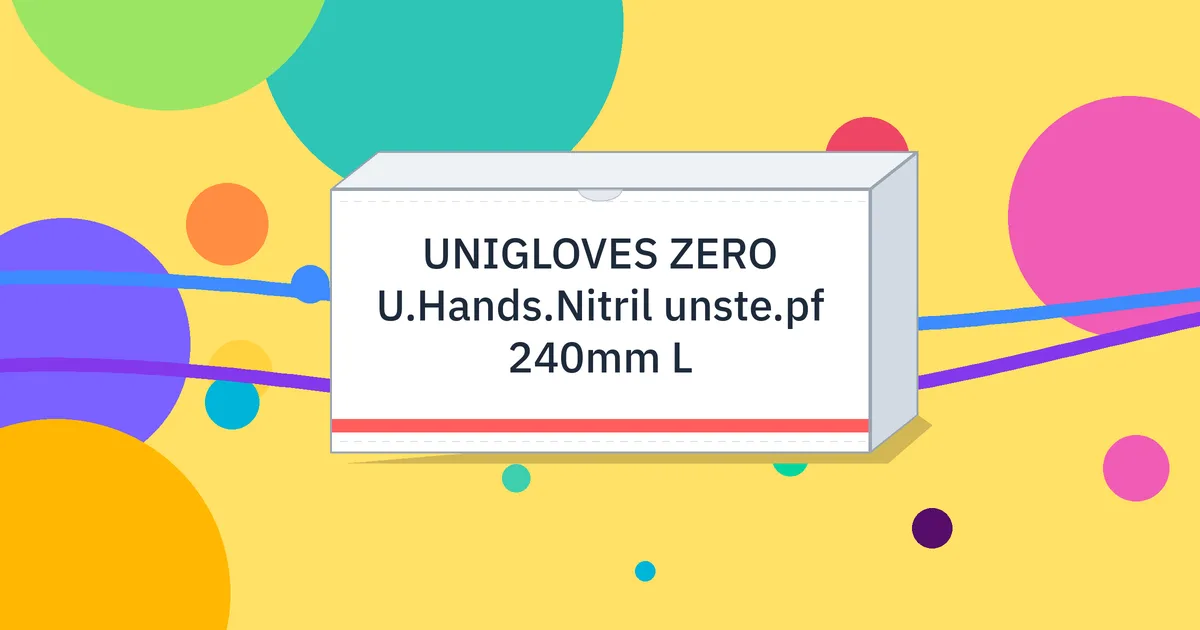 Symbolbild: Packung mit der Aufschrift UNIGLOVES ZERO U.Hands.Nitril unste.pf 240mm L (PZN 20079073) – Verfügbarkeit und Bezug in Apotheken in Frankfurt am Main