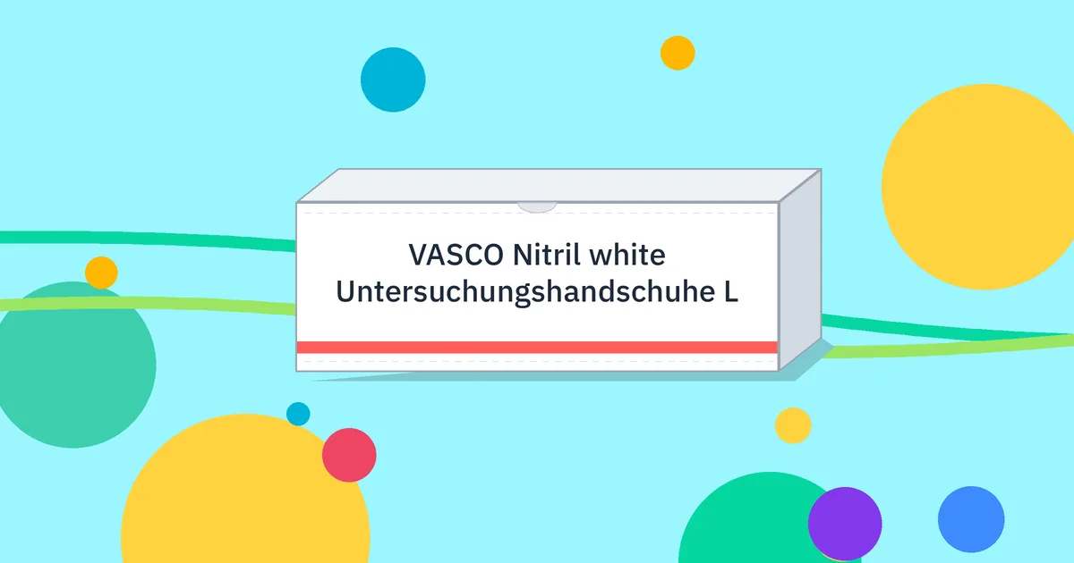 Symbolbild: Packung mit der Aufschrift VASCO Nitril white Untersuchungshandschuhe L (PZN 07789367) – Verfügbarkeit und Bezug in Apotheken in Frankfurt am Main