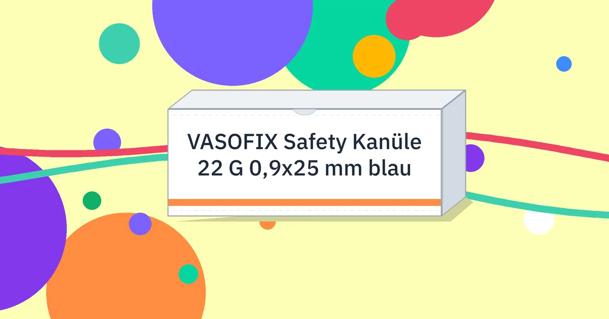 Symbolbild: Packung mit der Aufschrift VASOFIX Safety Kanüle 22 G 0,9x25 mm blau (PZN 19537814) – Verfügbarkeit und Bezug in Apotheken in Frankfurt am Main