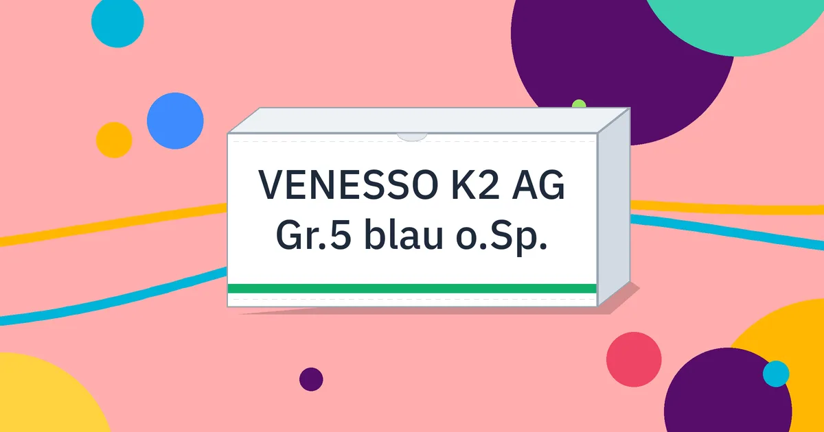 Symbolbild: Packung mit der Aufschrift VENESSO K2 AG Gr.5 blau o.Sp. (PZN 03280566) – Verfügbarkeit und Bezug in Apotheken in Frankfurt am Main