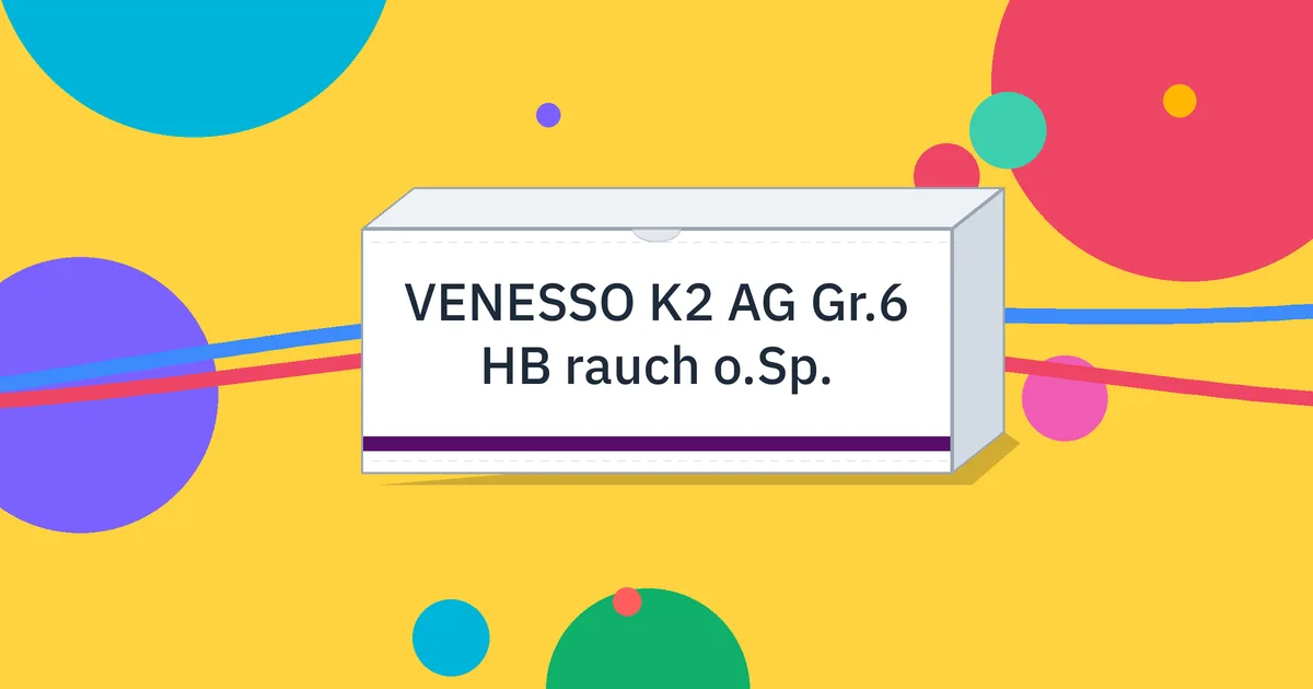 Symbolbild: Packung mit der Aufschrift VENESSO K2 AG Gr.6 HB rauch o.Sp. (PZN 03264840) – Verfügbarkeit und Bezug in Apotheken in Frankfurt am Main