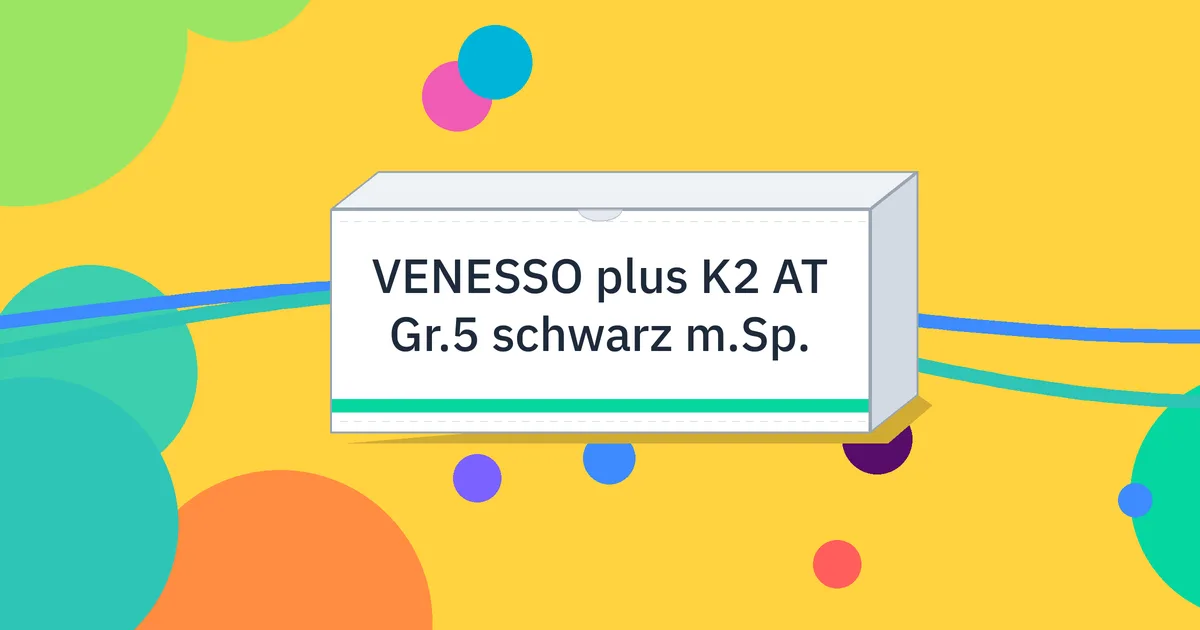 Symbolbild: Packung mit der Aufschrift VENESSO plus K2 AT Gr.5 schwarz m.Sp. (PZN 03287491) – Verfügbarkeit und Bezug in Apotheken in Frankfurt am Main