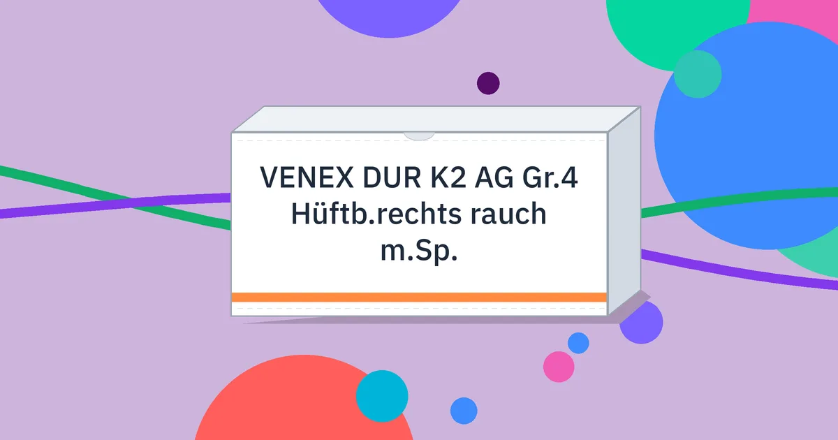 Symbolbild: Packung mit der Aufschrift VENEX DUR K2 AG Gr.4 Hüftb.rechts rauch m.Sp. (PZN 03228229) – Verfügbarkeit und Bezug in Apotheken in Frankfurt am Main