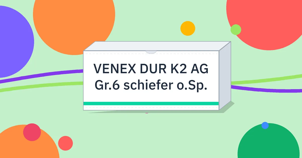 Symbolbild: Packung mit der Aufschrift VENEX DUR K2 AG Gr.6 schiefer o.Sp. (PZN 03217266) – Verfügbarkeit und Bezug in Apotheken in Frankfurt am Main