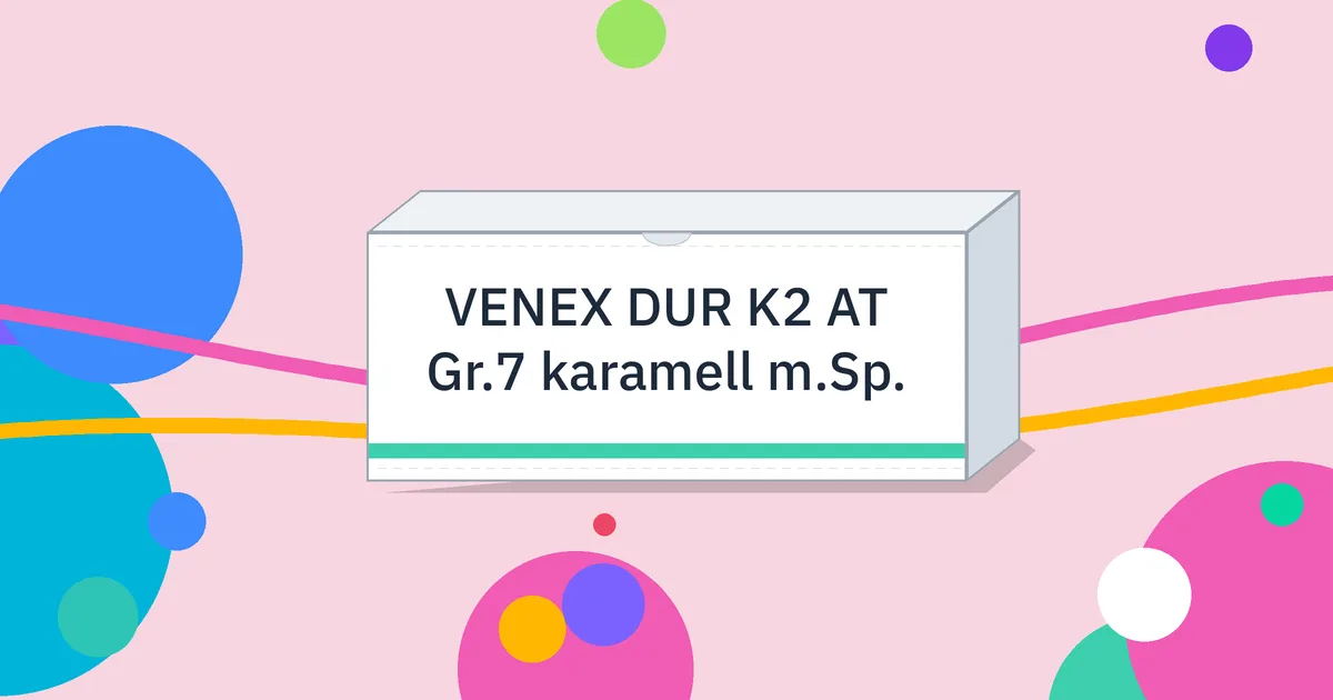 Symbolbild: Packung mit der Aufschrift VENEX DUR K2 AT Gr.7 karamell m.Sp. (PZN 13757940) – Verfügbarkeit und Bezug in Apotheken in Frankfurt am Main