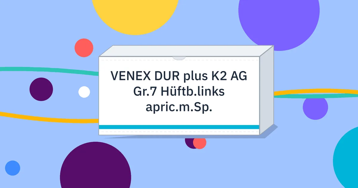 Symbolbild: Packung mit der Aufschrift VENEX DUR plus K2 AG Gr.7 Hüftb.links apric.m.Sp. (PZN 03238802) – Verfügbarkeit und Bezug in Apotheken in Frankfurt am Main