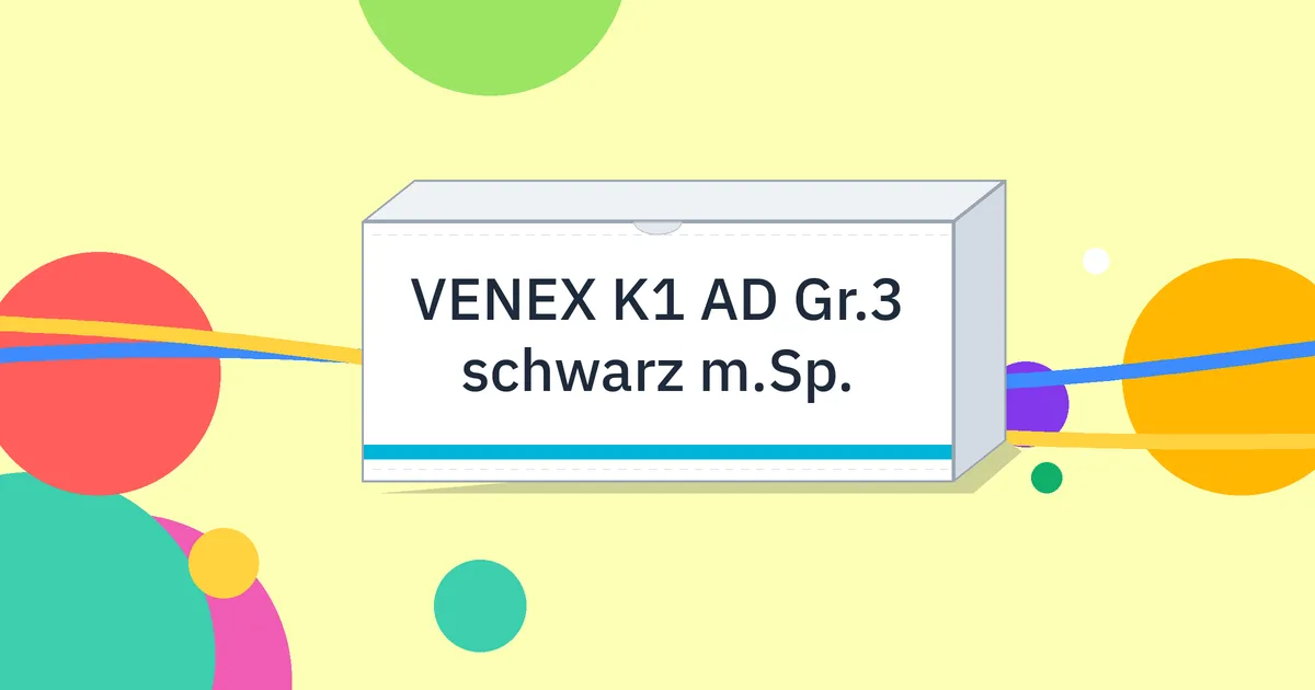 Symbolbild: Packung mit der Aufschrift VENEX K1 AD Gr.3 schwarz m.Sp. (PZN 03184294) – Verfügbarkeit und Bezug in Apotheken in Frankfurt am Main