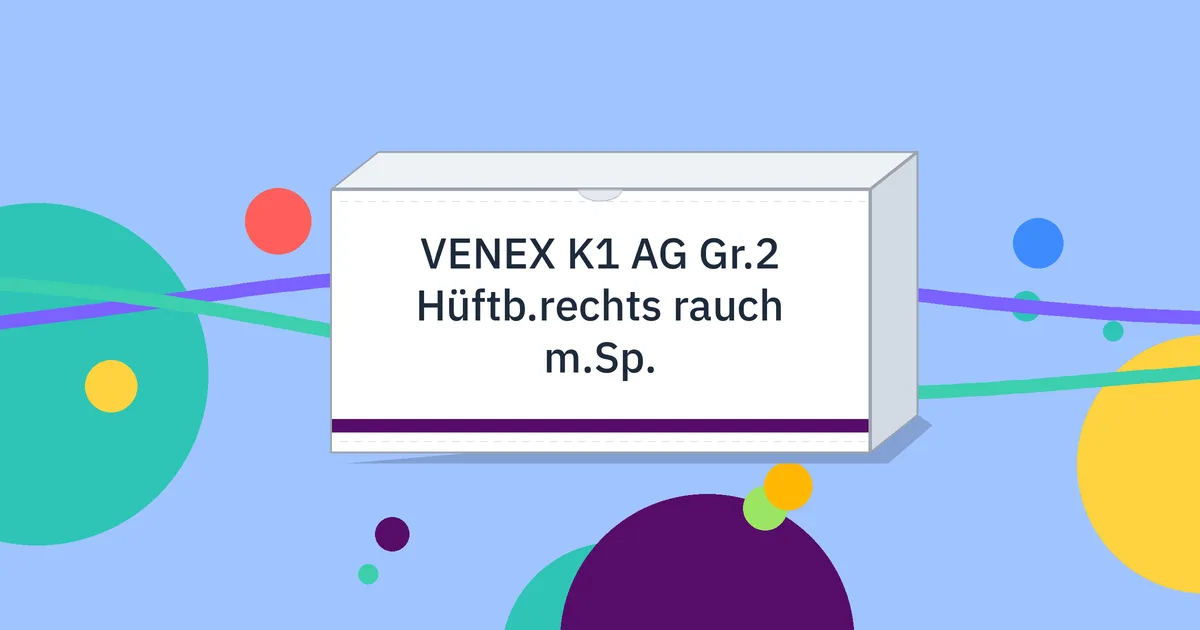 Symbolbild: Packung mit der Aufschrift VENEX K1 AG Gr.2 Hüftb.rechts rauch m.Sp. (PZN 03201986) – Verfügbarkeit und Bezug in Apotheken in Frankfurt am Main